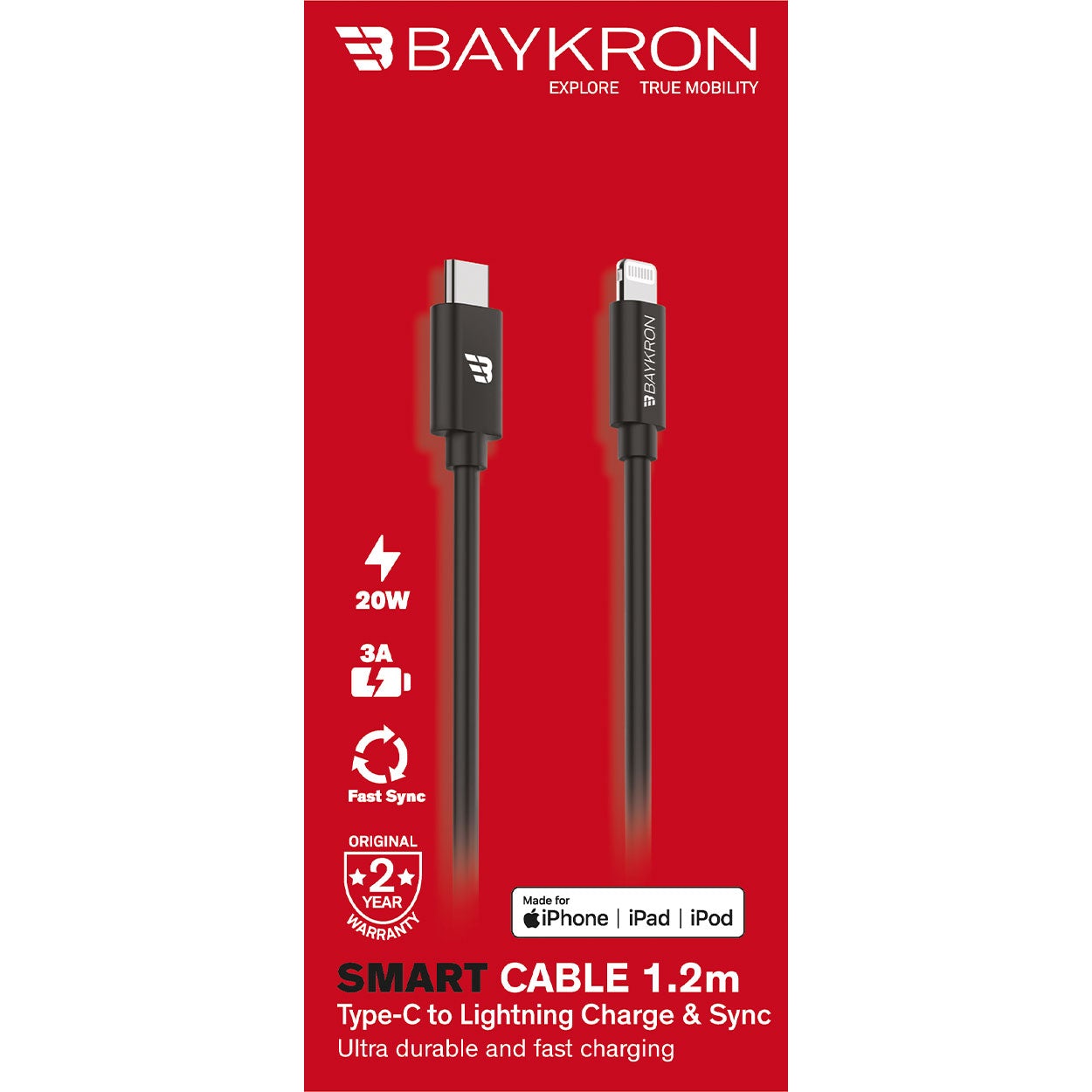 BAYKRON 1.2M Smart Cable Apple® MFI Certified USB-C to Lightning®, 3A ...